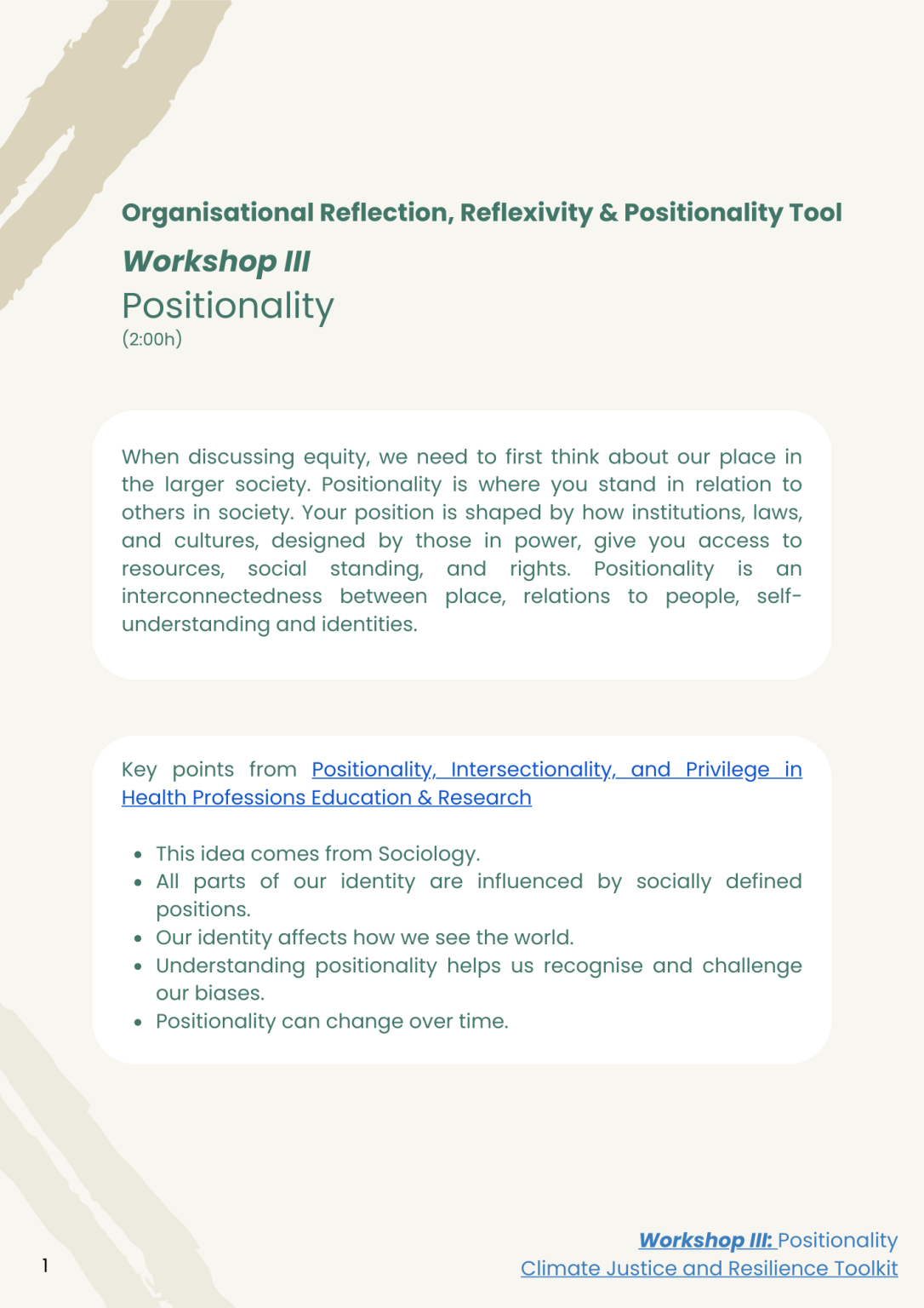 Organisational reflection, reflexivity & positioning tool - Climate ...